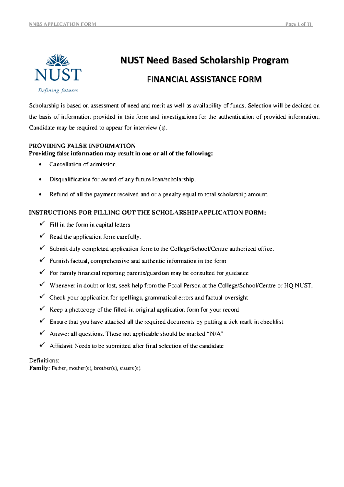 NUST Need Based Scholarship Form - N NUUSSTT NNeeeedd BBaasseedd ...
