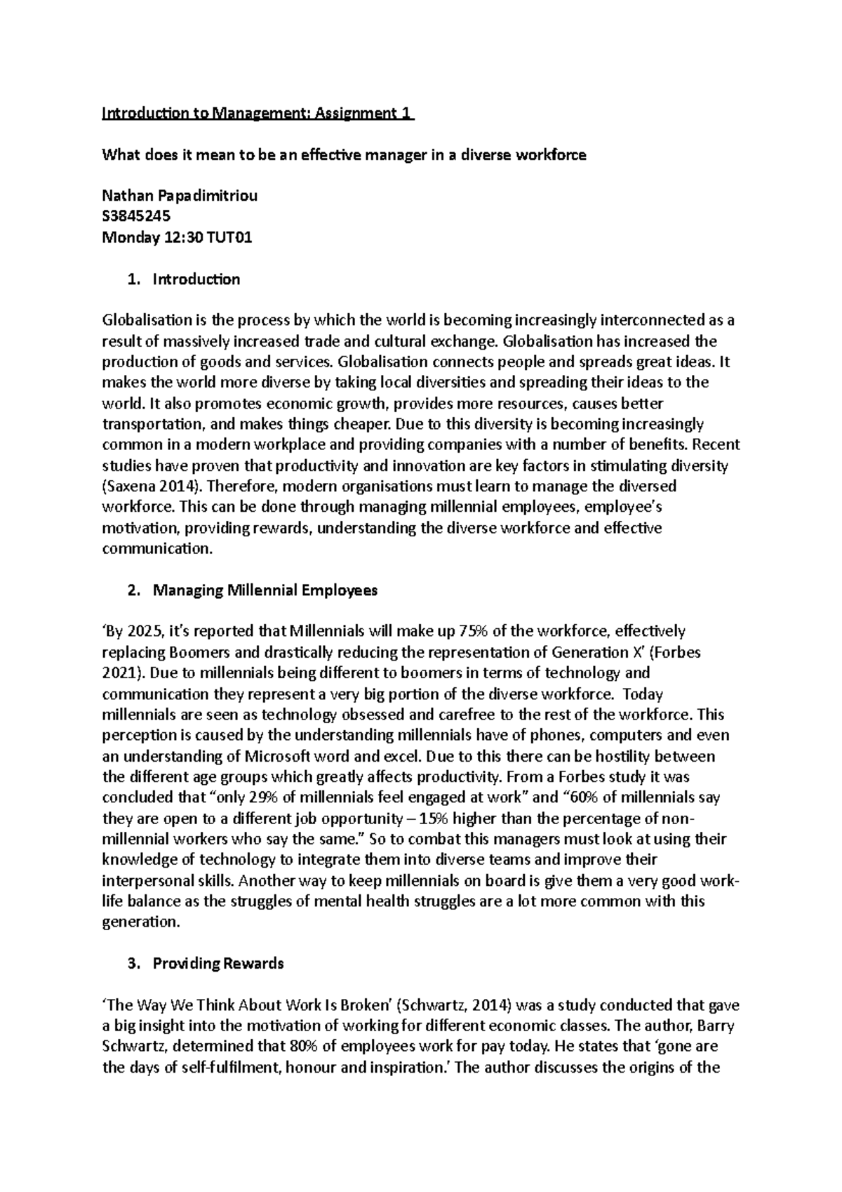 Intro A1 - Minimal effort and got a pass - Introduction to Management ...