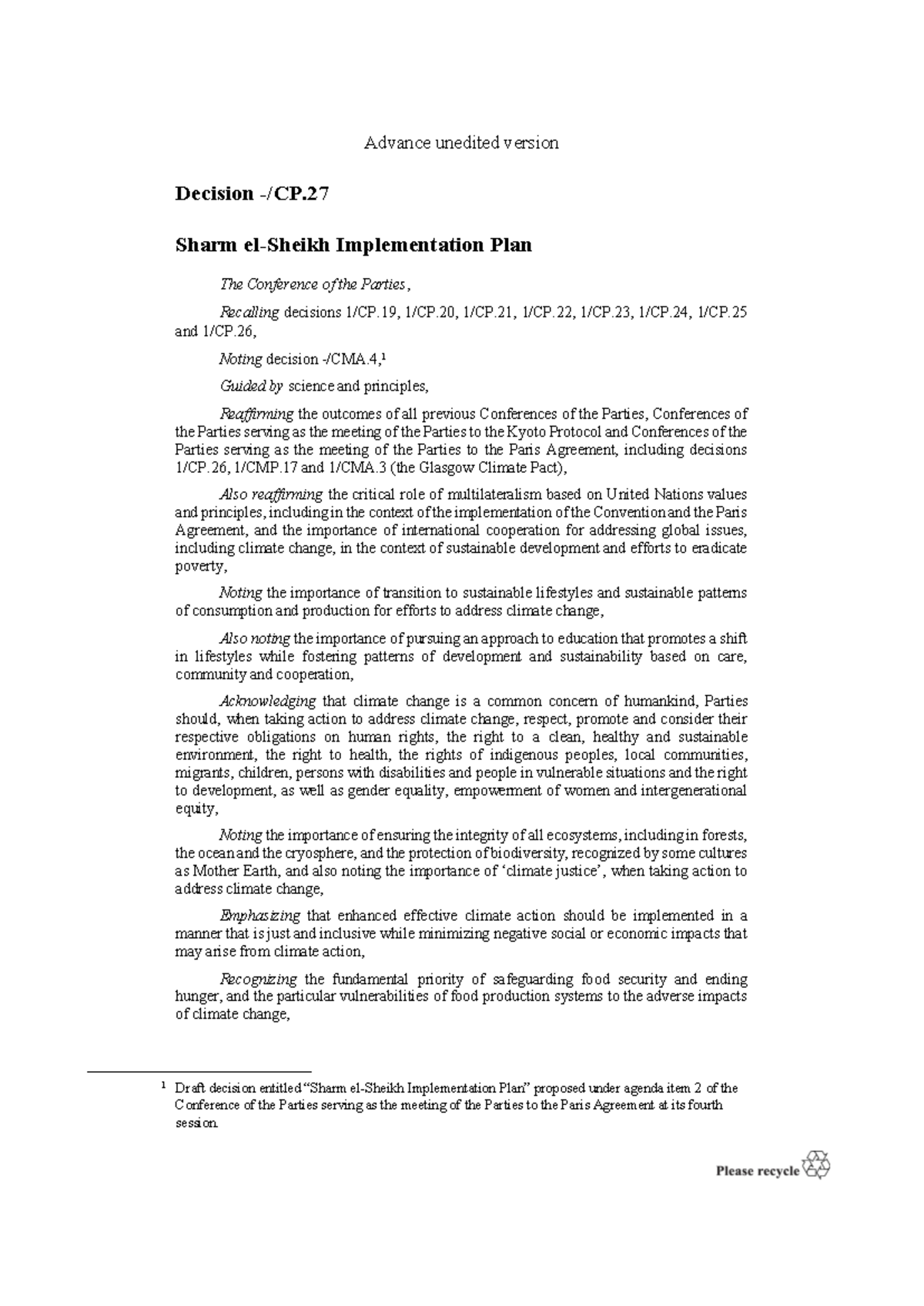 Unfccc (2022) Sharm el-Sheikh Implementation Plan - Decision - /CP. 27 Sharm el-Sheikh - Studocu
