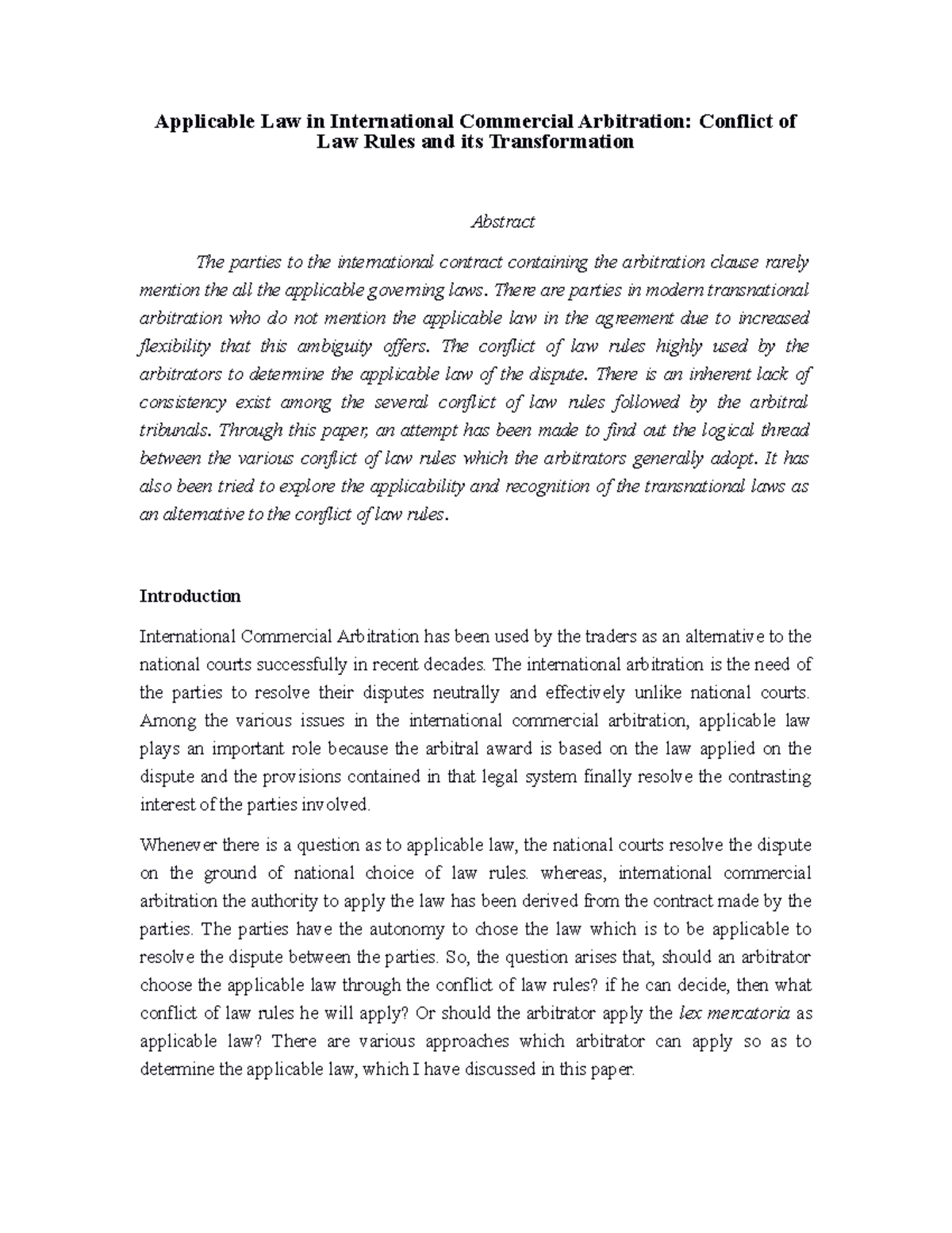 ICA - Applicable Law in International Commercial Arbitration: Conflict ...