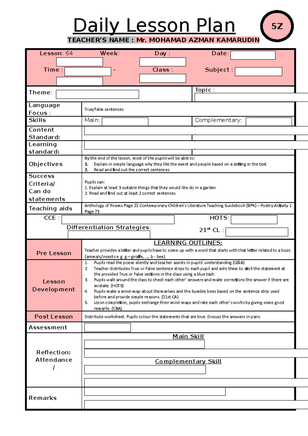 LP- Template-Y5 - gfhfv,jgj - Daily Lesson Plan TEACHER’S NAME : Mr ...