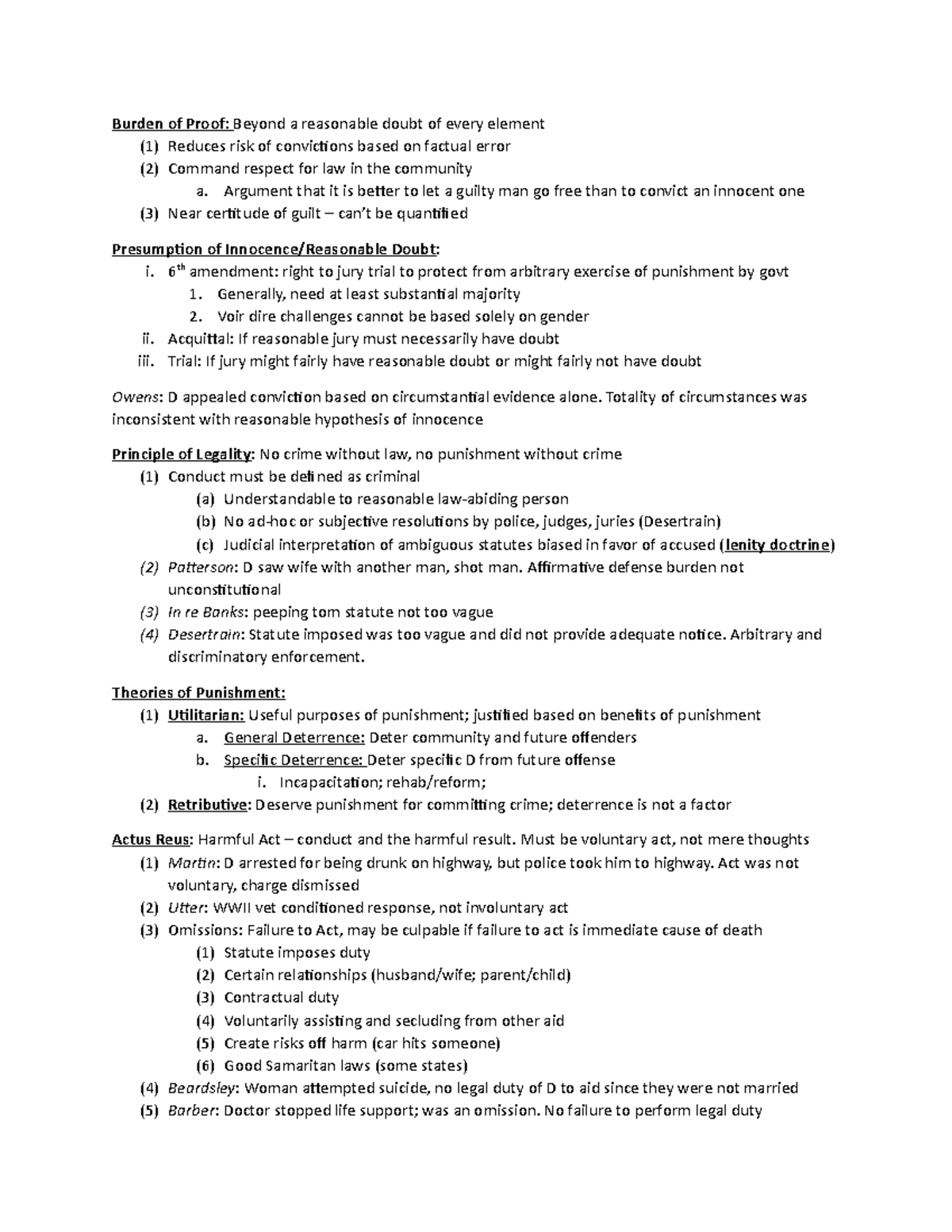 Criminal Final Outline - Burden of Proof : Beyond a reasonable doubt of ...