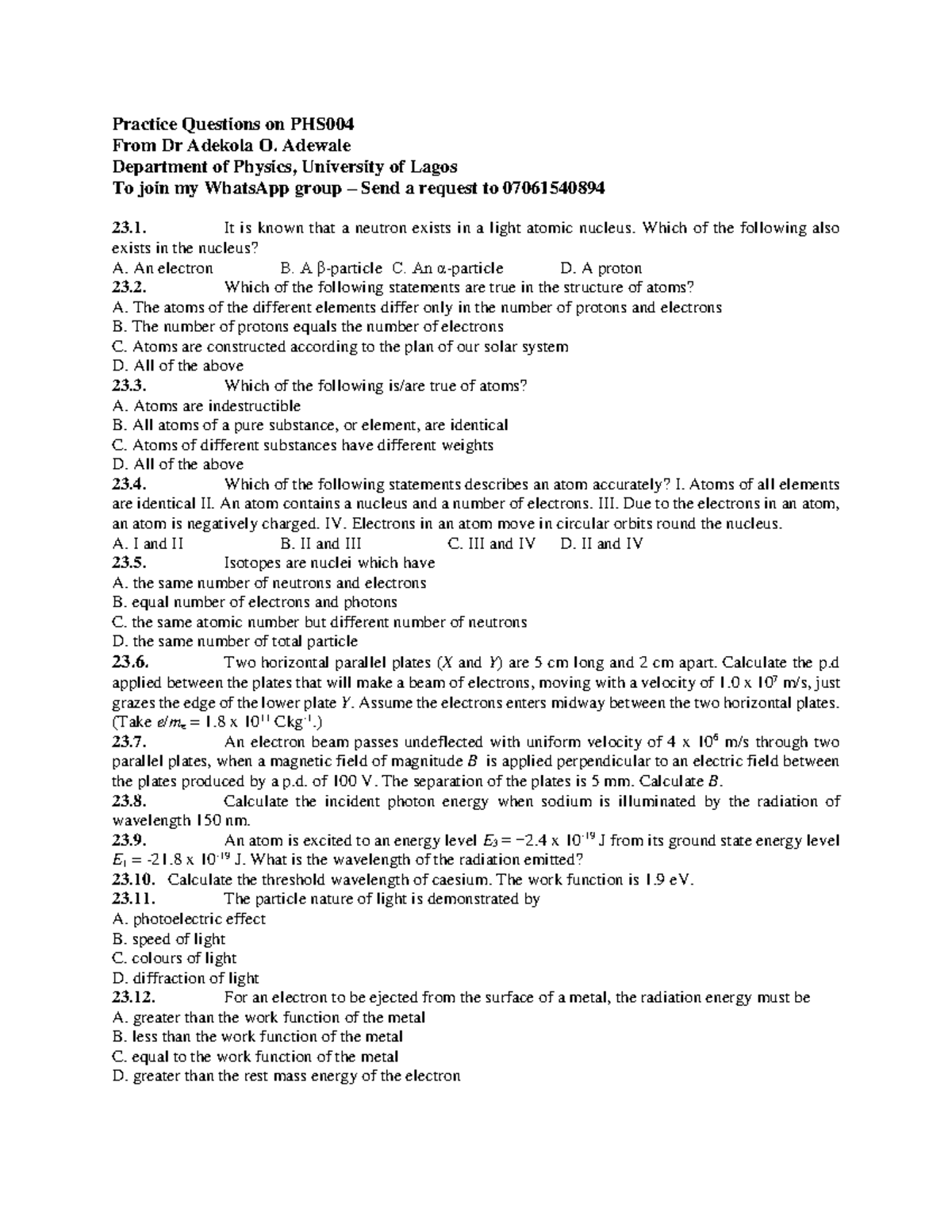 modern physics questions - Practice Questions on PHS From Dr Adekola O ...