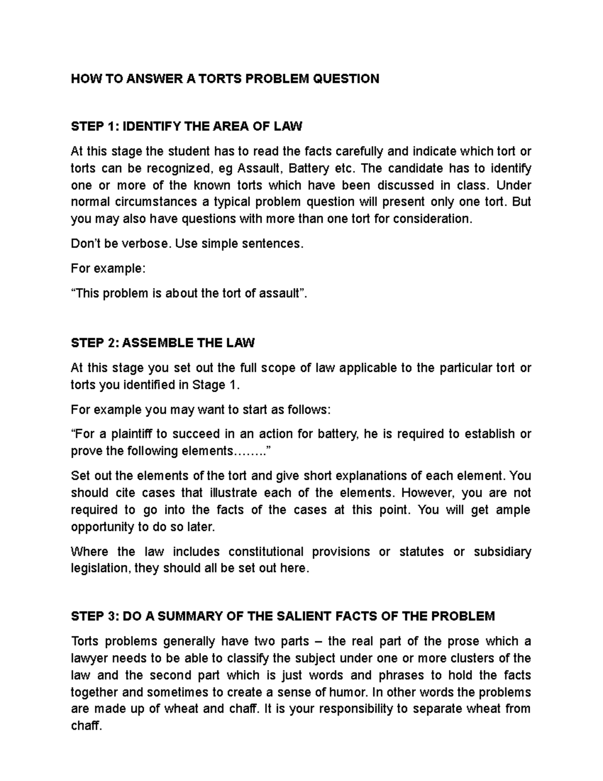 Torts Marking Scheme - NHGFDERTYHBVFDEDVBHBHUHBHYUJK - HOW TO ANSWER A ...