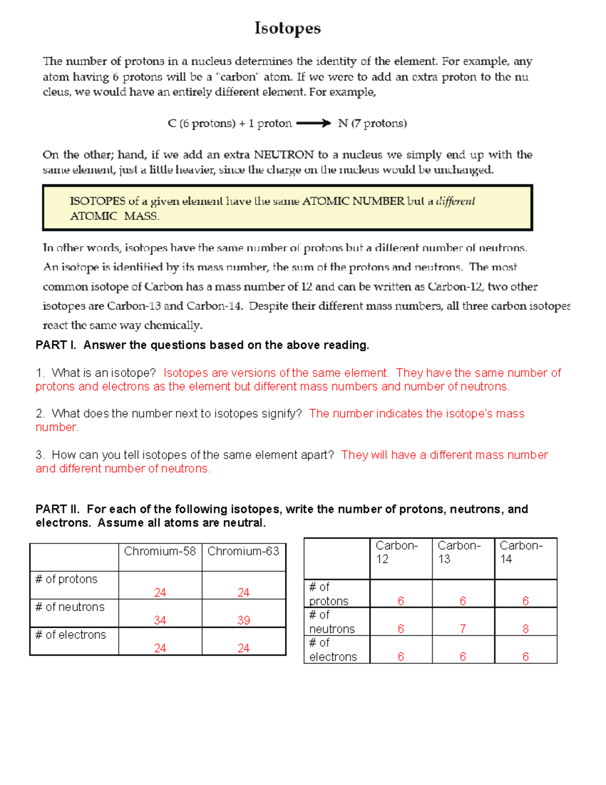 Isotopes Worksheet Answer Key PART I Answer The Questions Based On 
