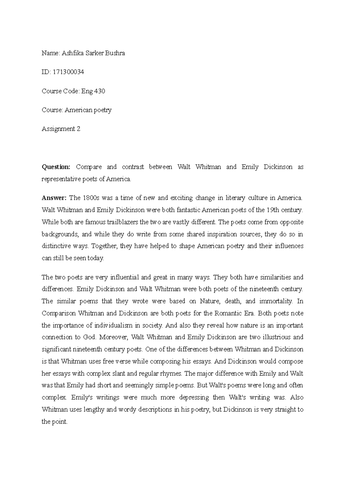American poetry Assignment 2 - Name: Ashfika Sarker Bushra ID ...
