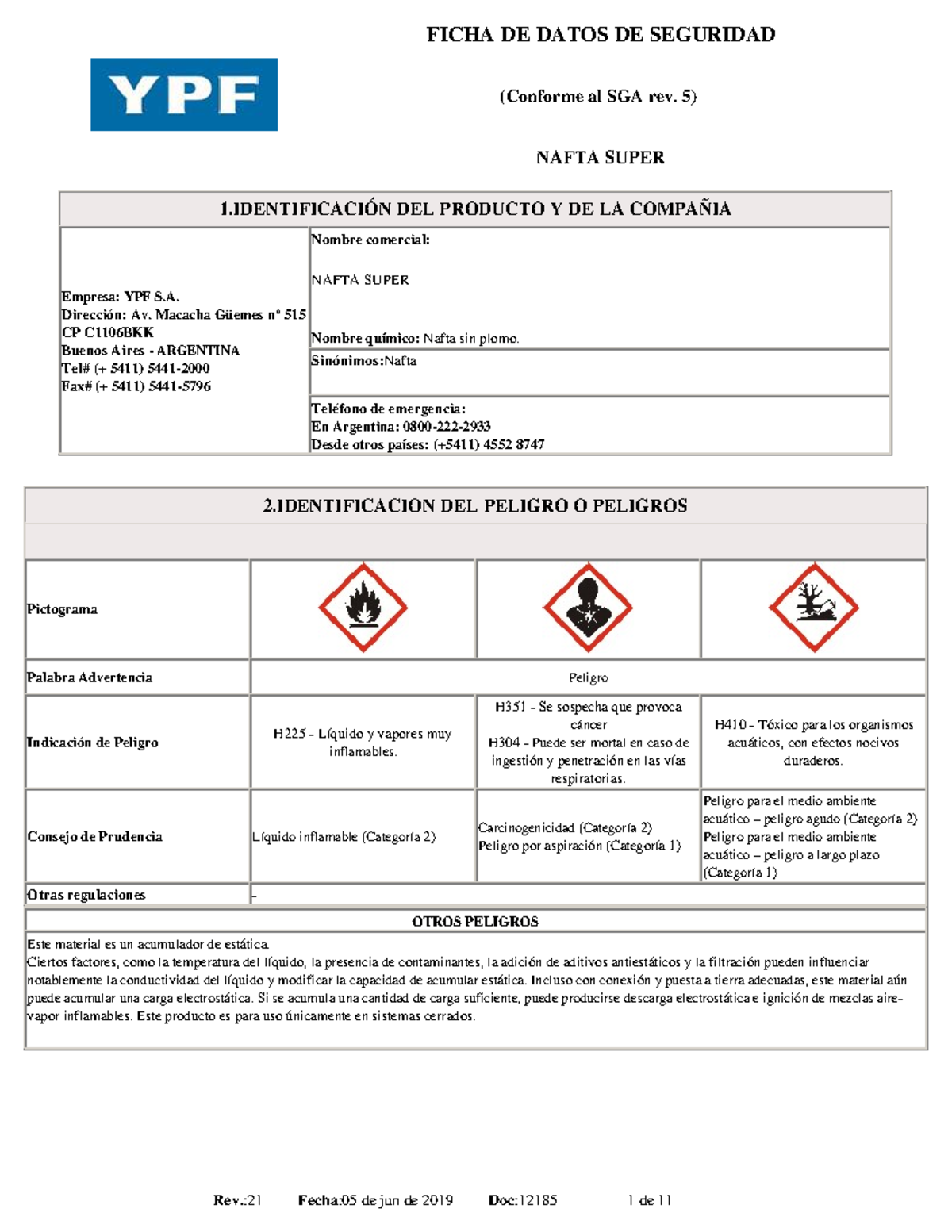 Nafta- Super-FDS - Ficha dato de seguridad - FICHA DE DATOS DE SEGURIDAD (Conforme al SGA rev. 5 ...
