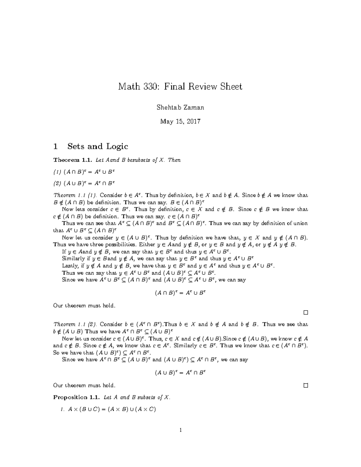 Final exam review sheet - Math 330: Final Review Sheet Shehtab Zaman ...