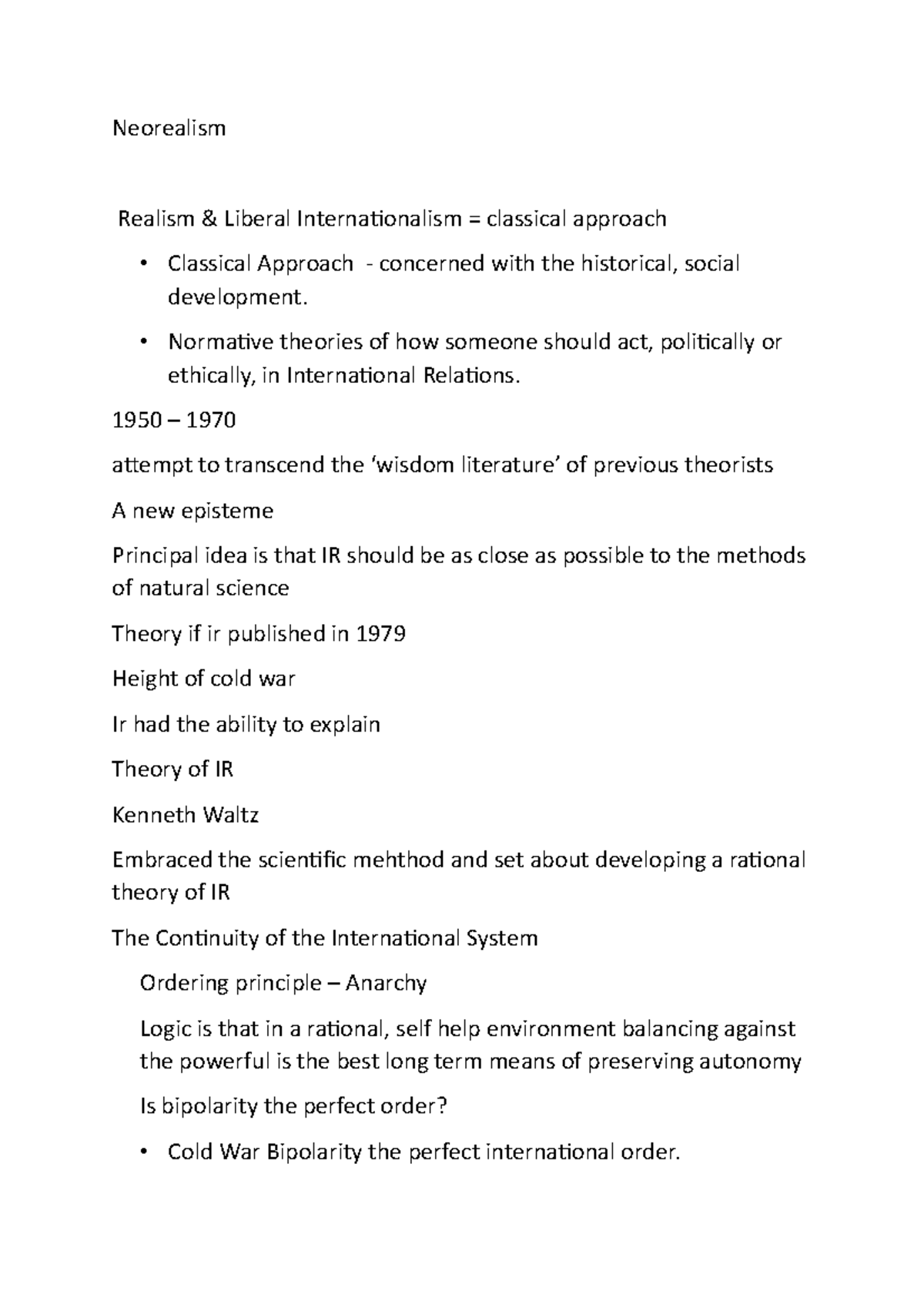 Neorealism - Lecture notes 5 - Neorealism Realism Liberal ...