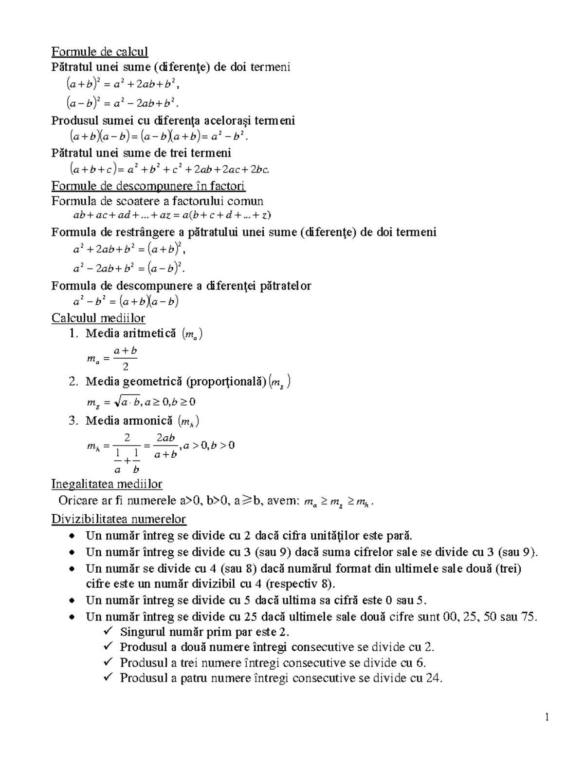 1 formule - Formule de calcul Pătratul unei sume (diferenţe) de doi ...