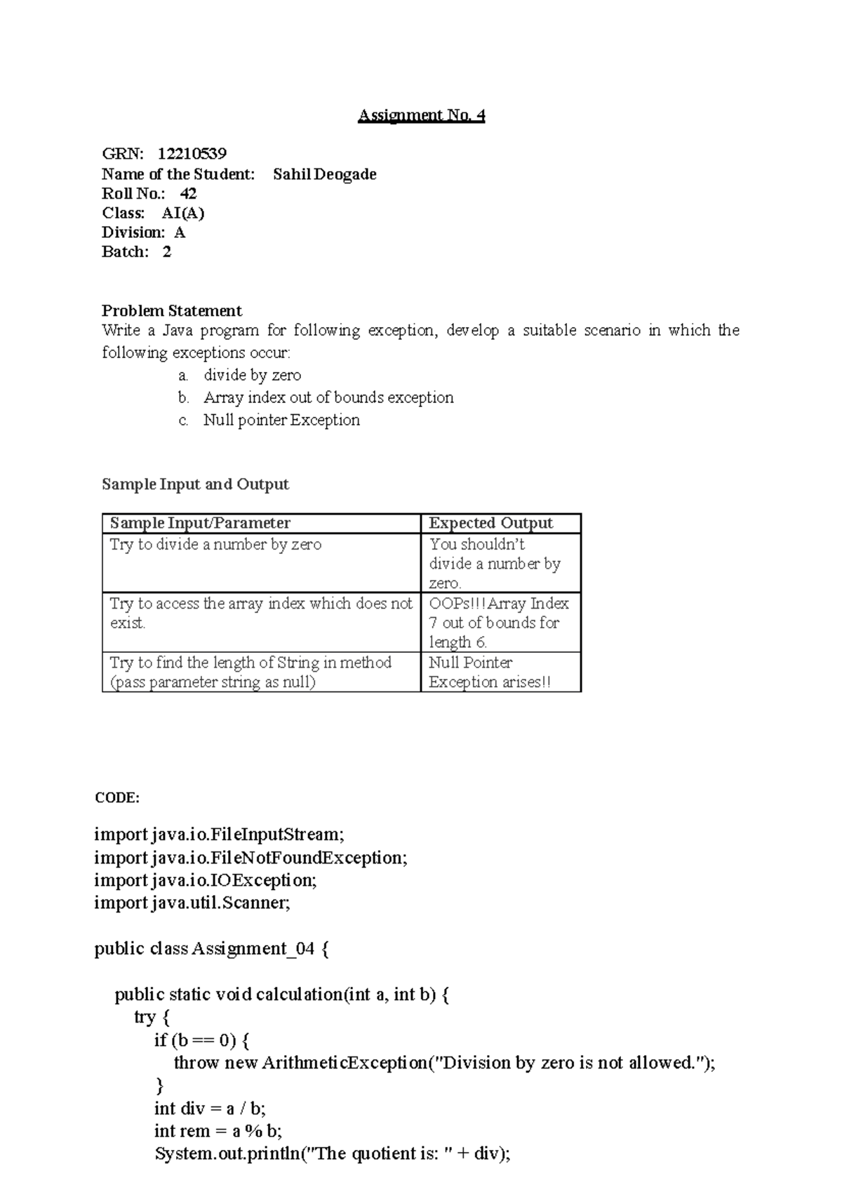 A42 Lab assignment 04 - Assignment No. 4 GRN: 12210539 Name of the ...