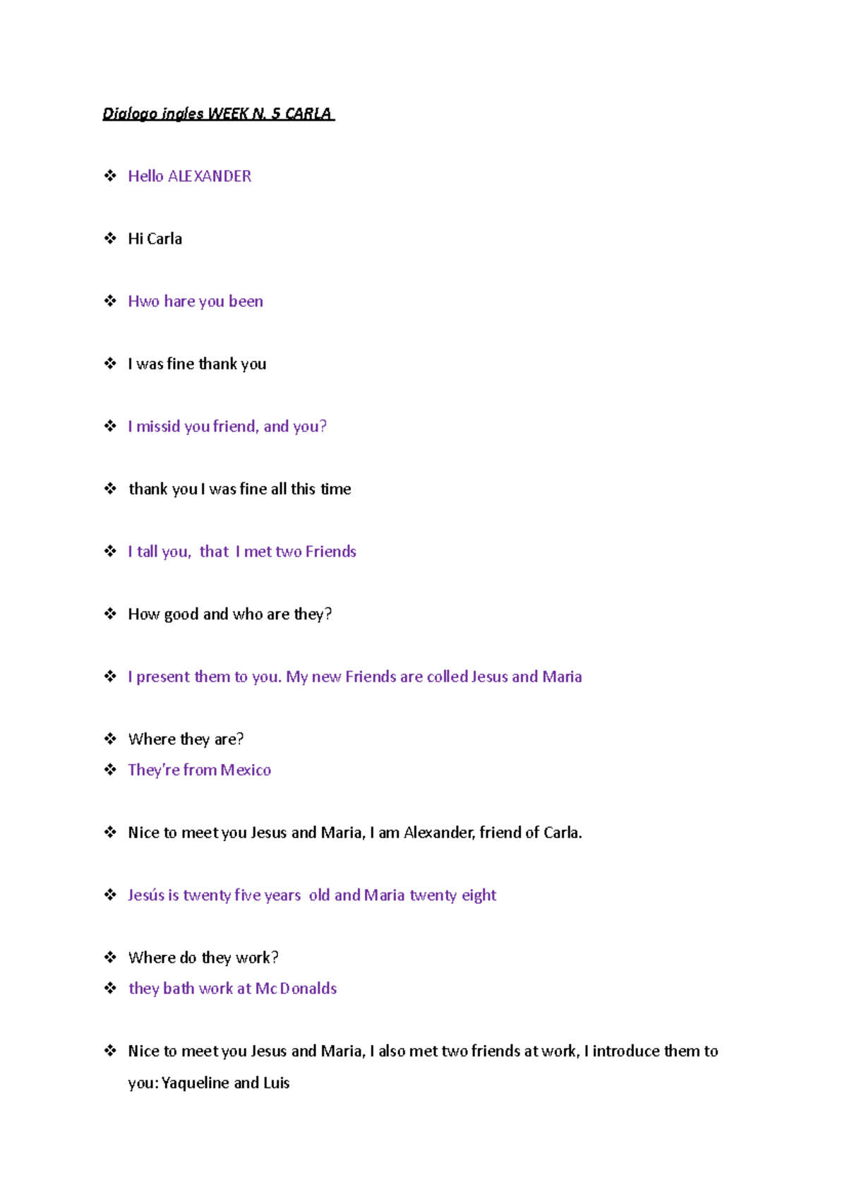 Dialogo ingles WEEK N - Tarea semana 1 - Dialogo ingles WEEK N. 5 CARLA ...