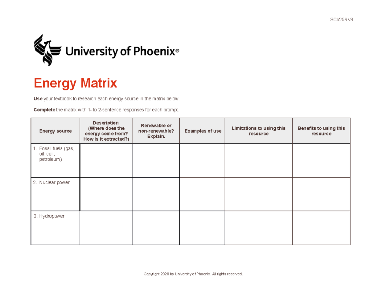 Sci256 v8 wk4 energy matrix - SCI/256 v Energy Matrix Use your textbook ...