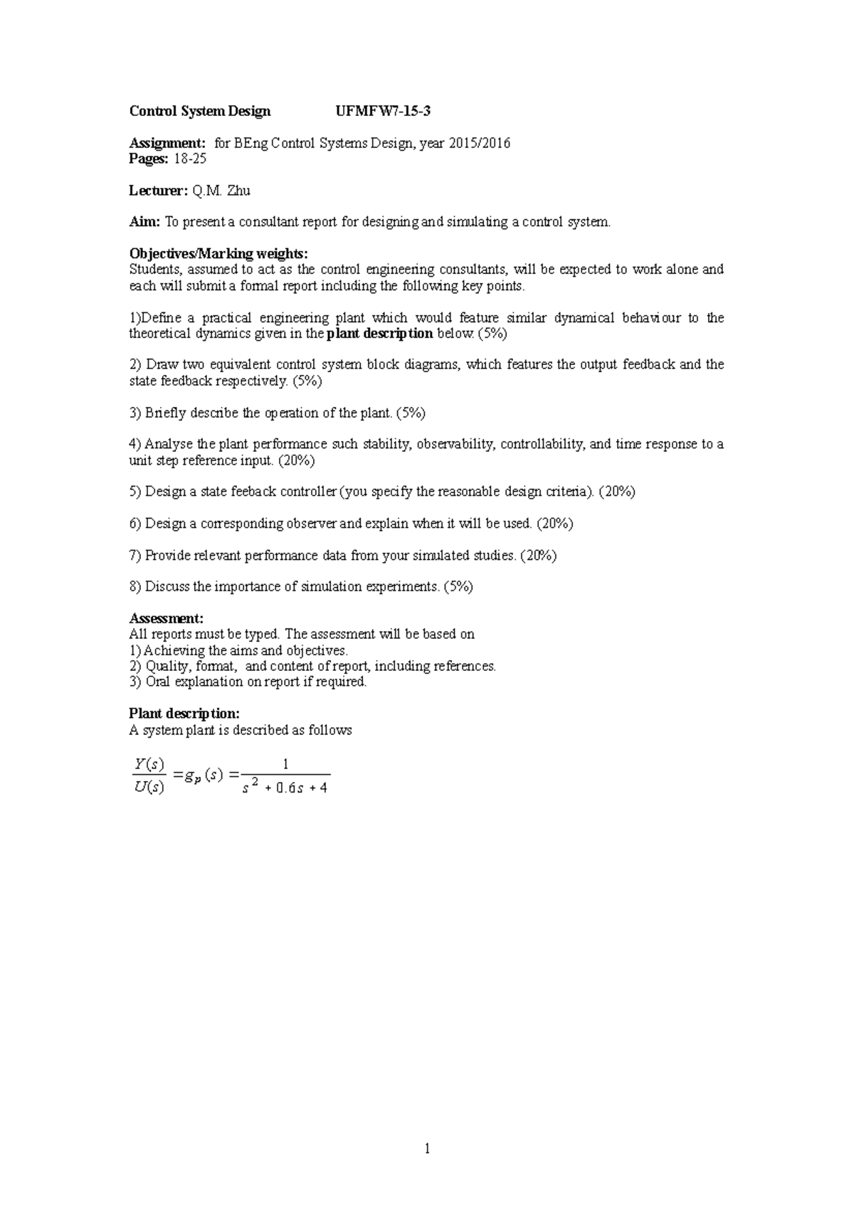 Csd Assignment Control System Design Coursework Specification