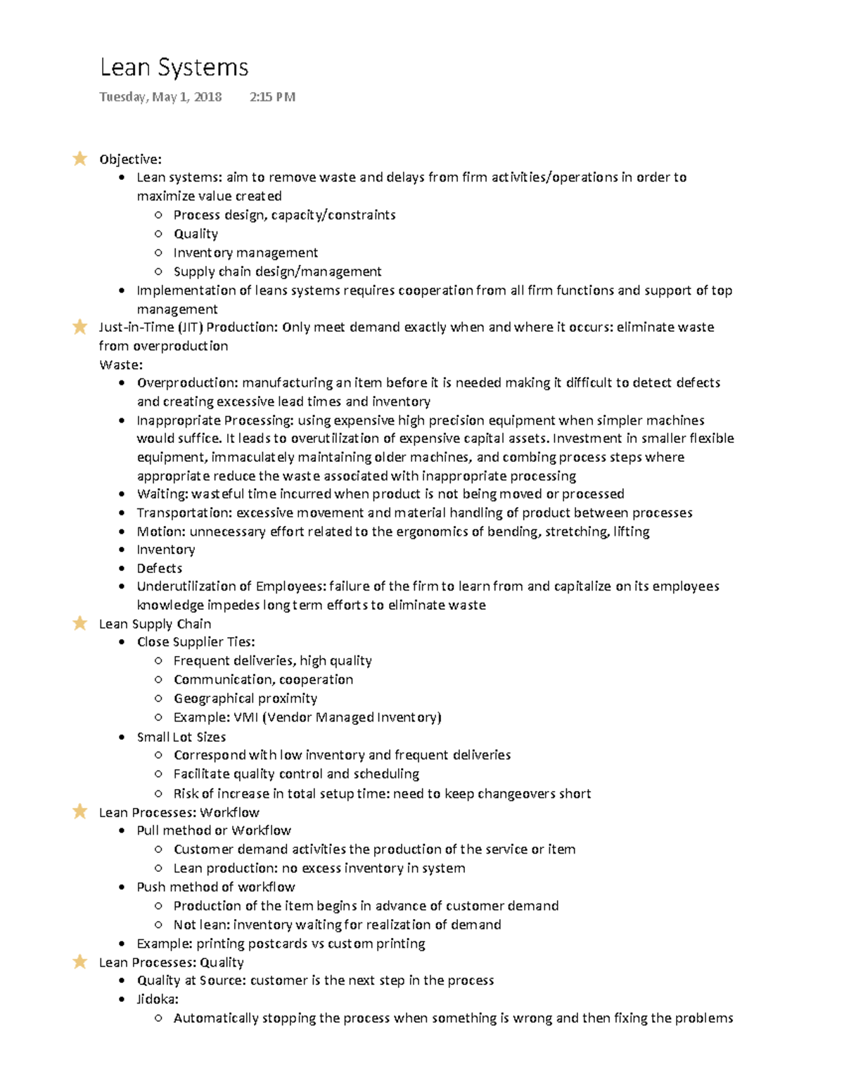 Lean Systems - Lecture notes 6 - Lean Systems Tuesday, May 1, 2018 2:15 ...