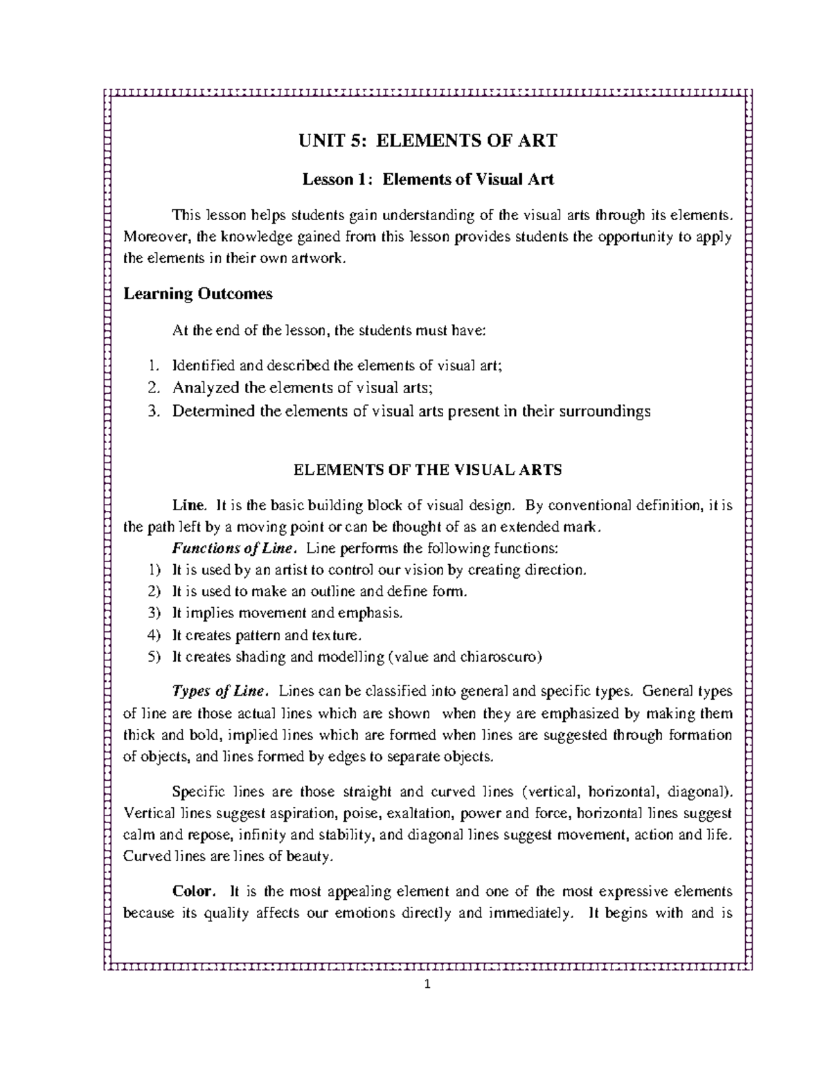 UNIT 5 - Unit 5 of HUM01 - UNIT 5: ELEMENTS OF ART Lesson 1: Elements ...