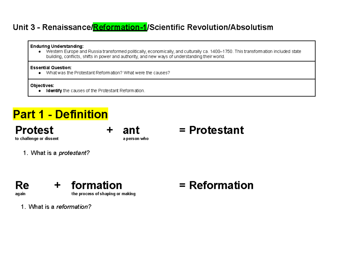 Reformation Begins - Academic - 1 - Unit 3 - Renaissance/Reformation-1 ...