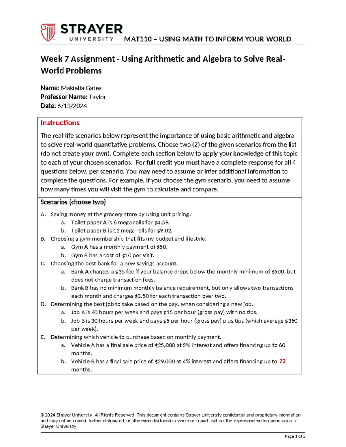 Cf MAT110 Week 7 Assignment late - Week 7 Assignment - Using Arithmetic and Algebra to Solve ...