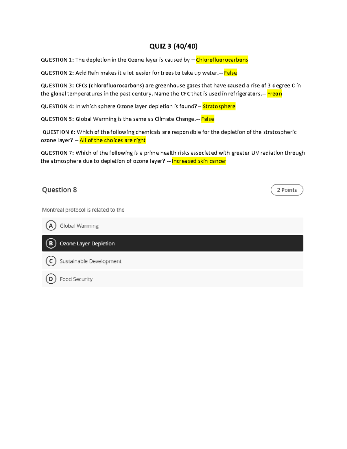 EENV102-QUIZ 3 - ENV1033-QUIZ_NO3 - QUIZ 3 (40/40) QUESTION 1: The ...