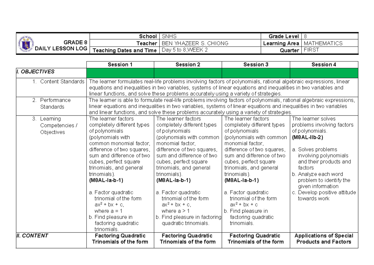 the math technique - GRADE 8 DAILY LESSON LOG School SNHS Grade Level 8 ...
