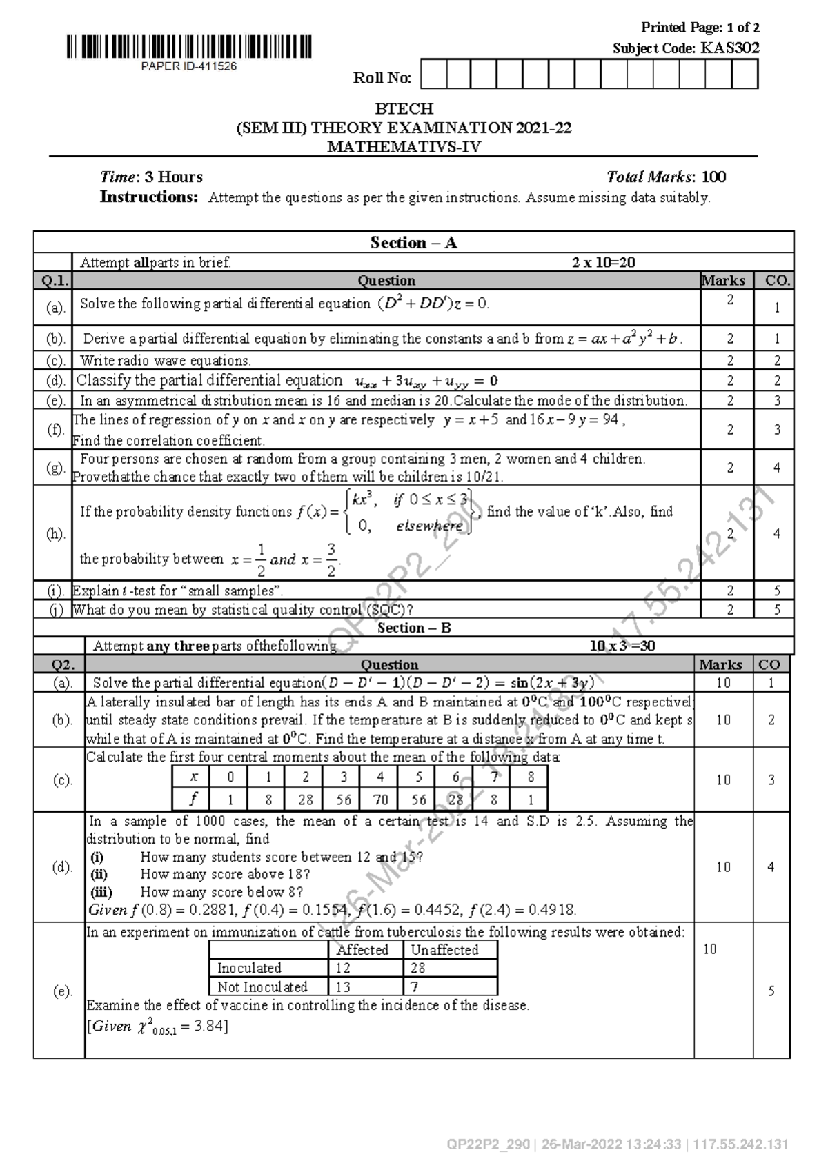 Mathemativs IV KAS 302 - paper M4 - QP22P2_ | 26-Mar-2022 13:24:33 ...