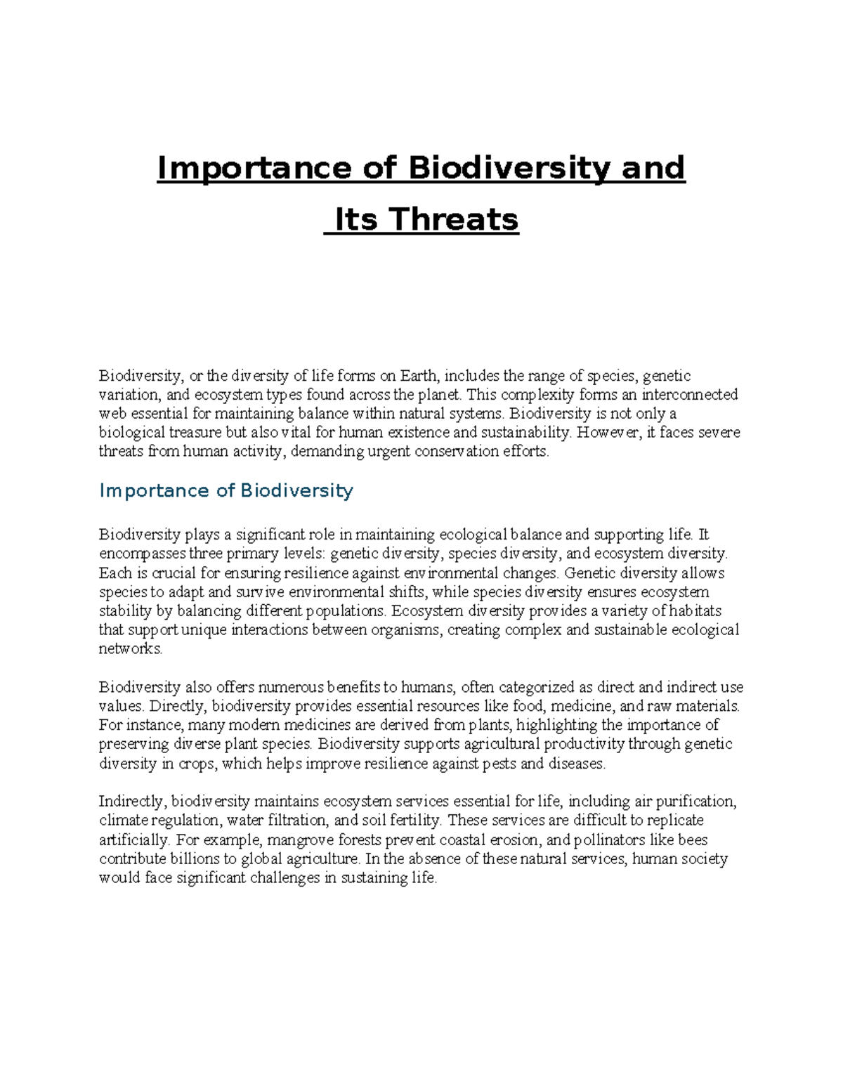 Life Science Assignment on Biodiversity - Importance of Biodiversity ...