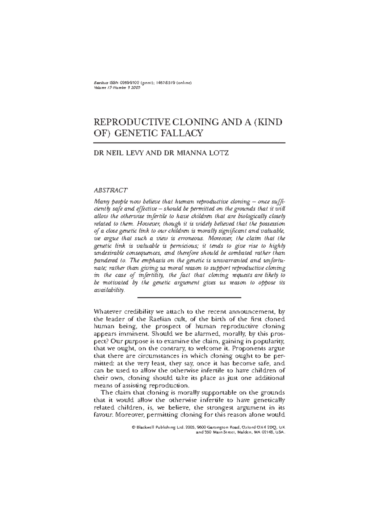 Bioethics - 2005 - Levy - Reproductive Cloning AND A KIND OF Genetic ...