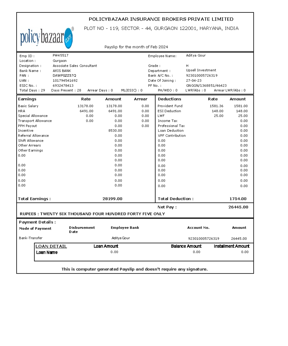PW45517 FEB - My work salary slip - POLICYBAZAAR INSURANCE BROKERS ...