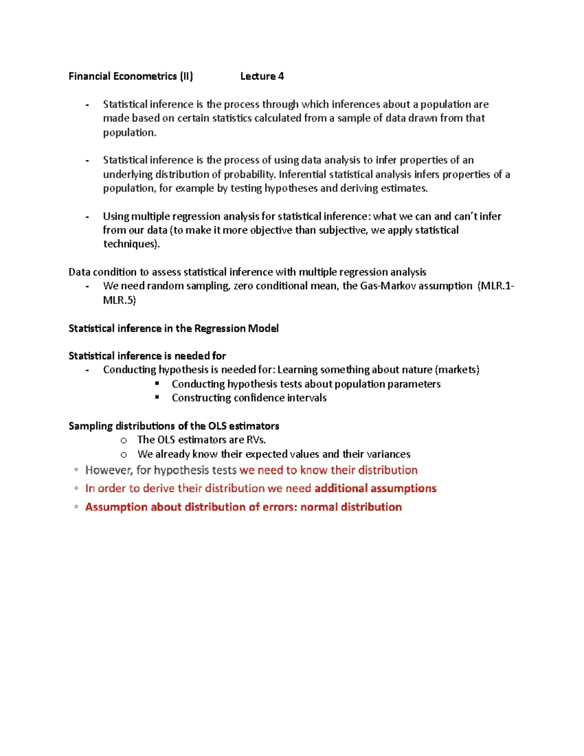 Lecture 4 - Financial Econometrics (II) Lecture 4 - Statistical inference is the process through ...