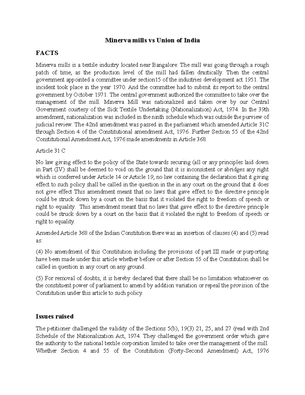 Minerva mills vs union of Indian(1980) Case Analysis - corporate law ...