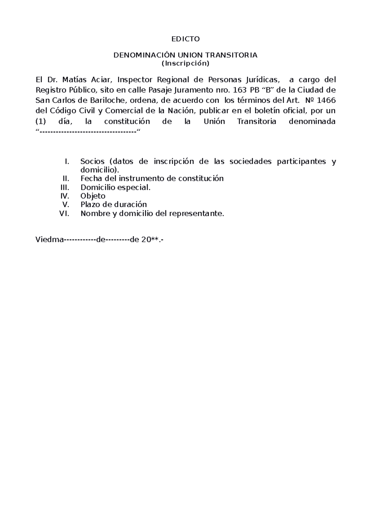 UNIONES TRANSITORIAS - EDICTO DENOMINACIÓN UNION TRANSITORIA ...