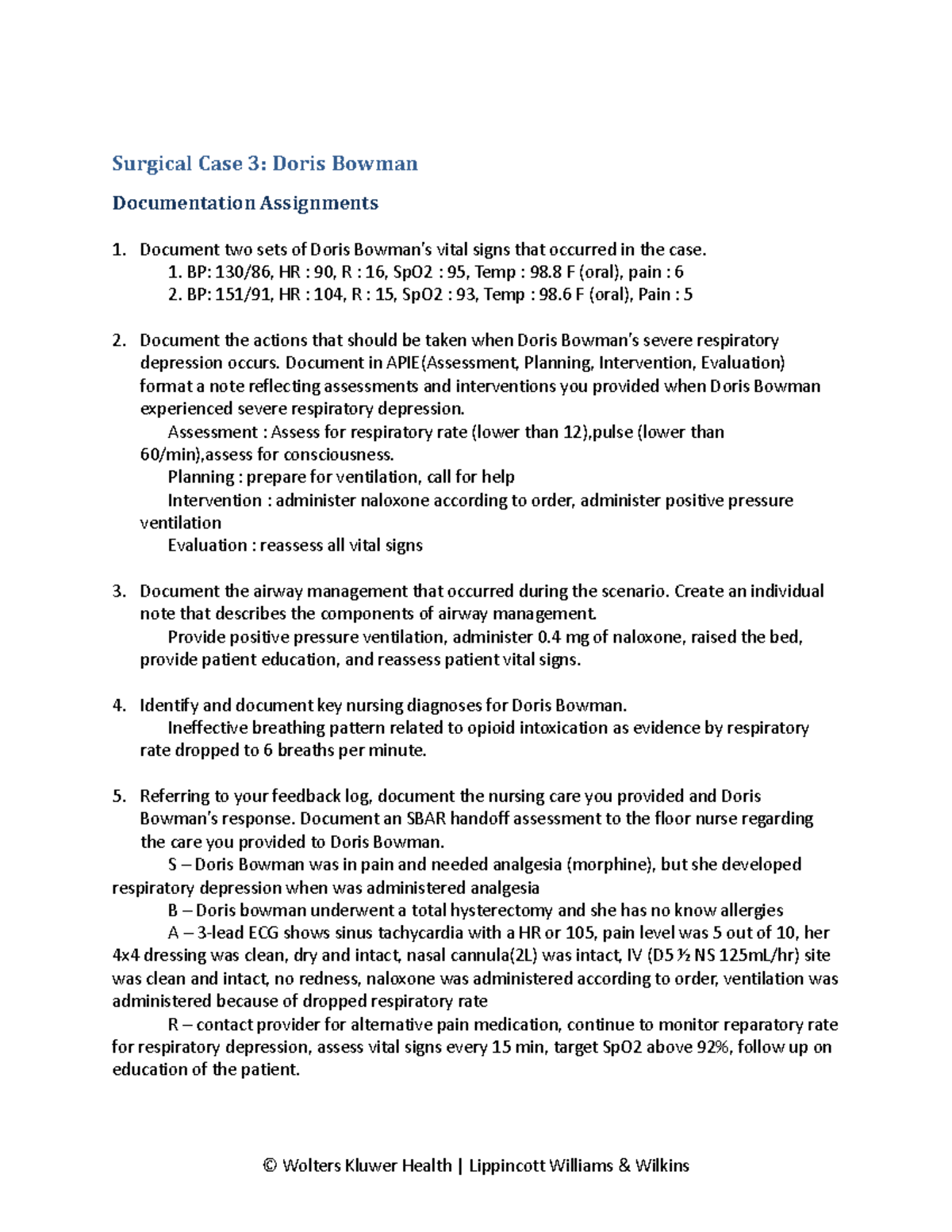 V Sim2 - Surgical Case 3: Doris Bowman Documentation Assignments ...