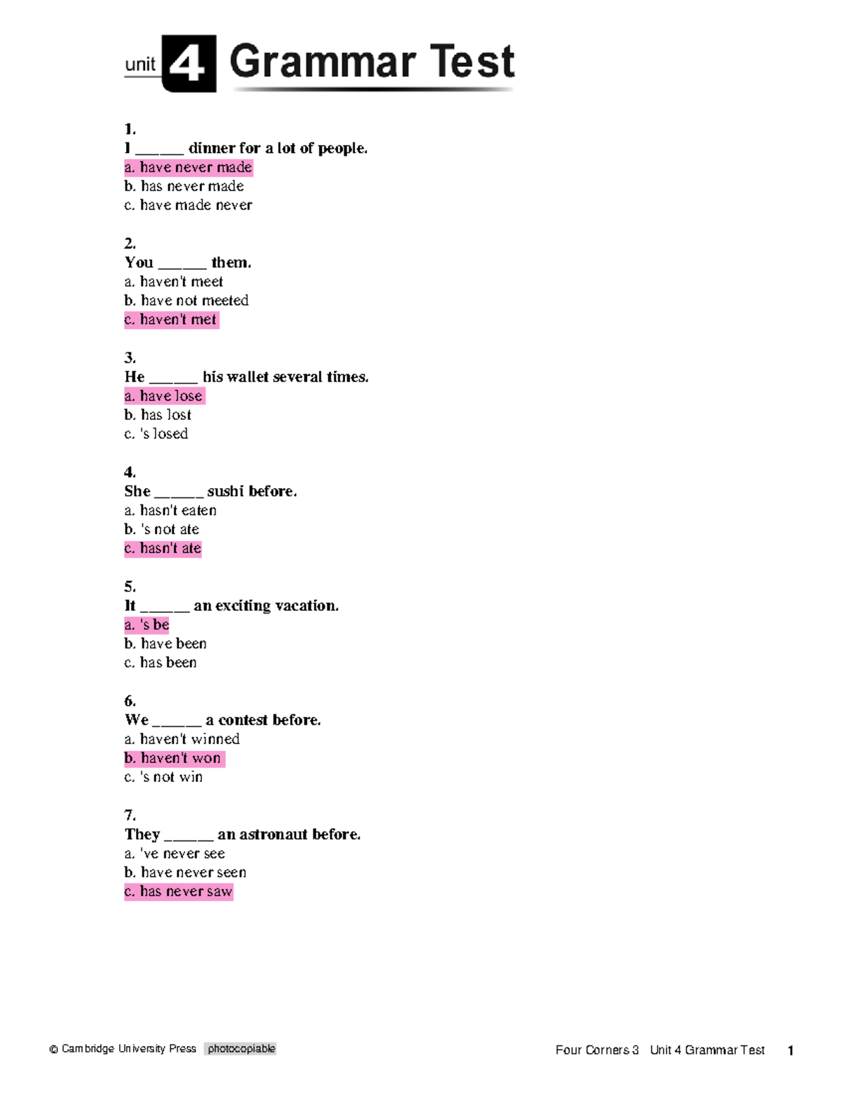 Unit 4 Grammar Test 1 xmmr Cambridge University Press Photocopiable