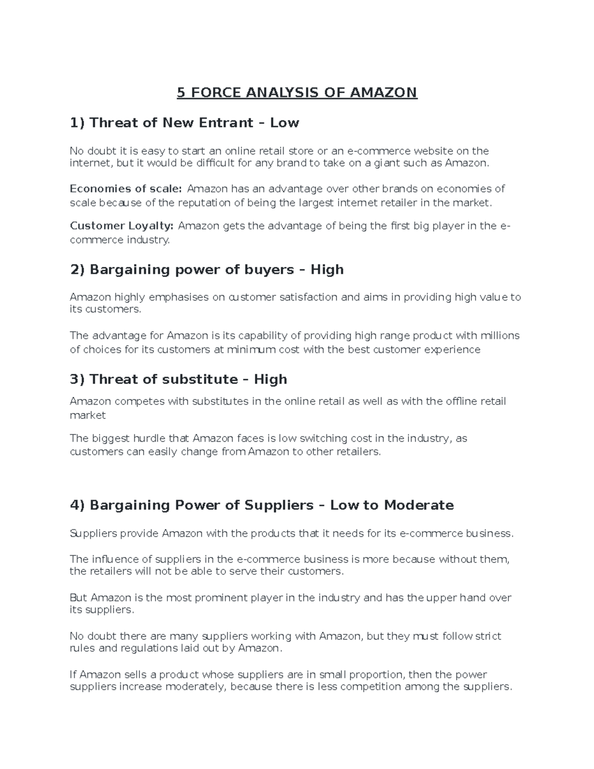 5 Force Analysis OF Amazon - 5 FORCE ANALYSIS OF AMAZON 1) Threat of ...