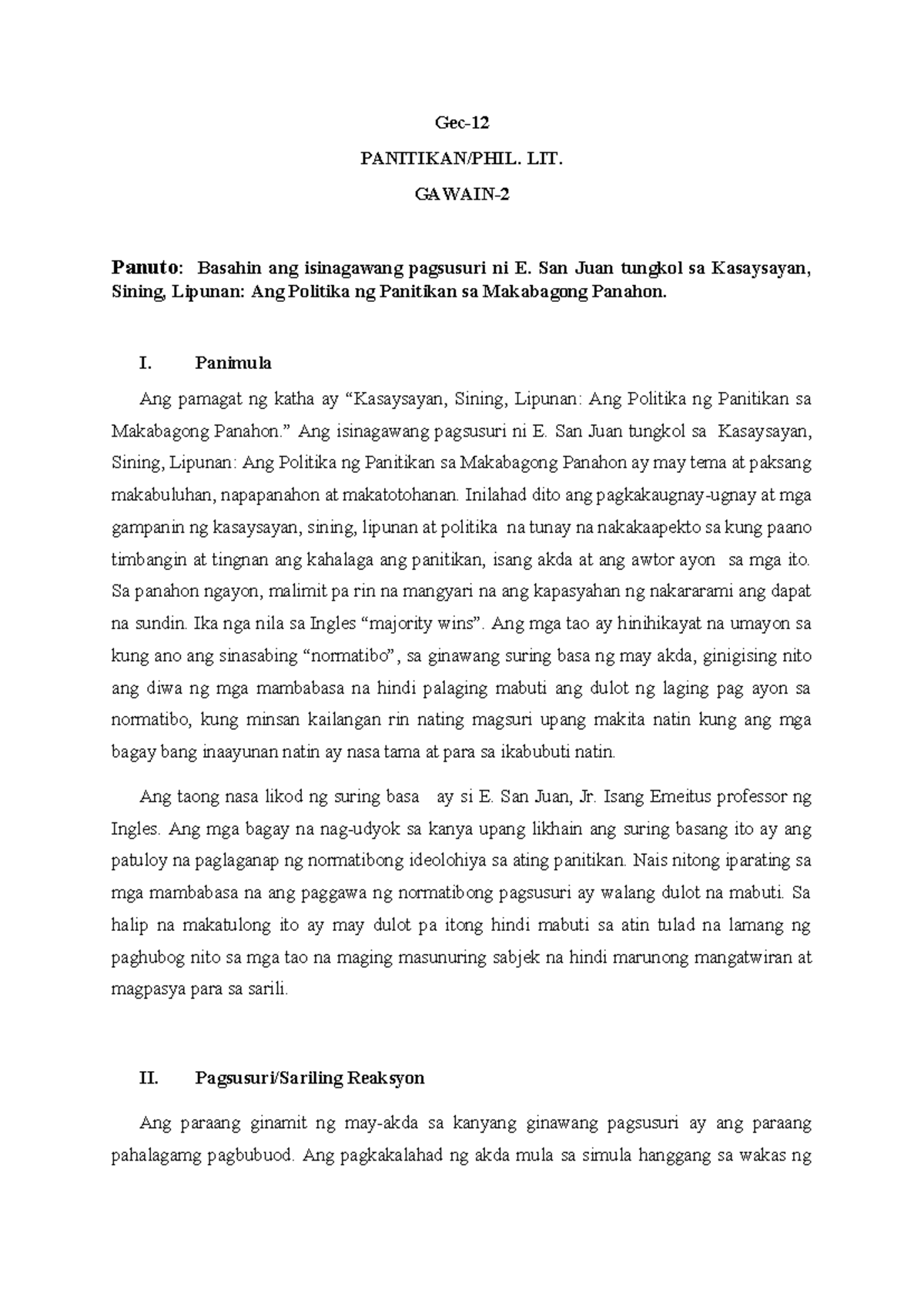 Gawain 2 Kasaysayan Sining - Gec- PANITIKAN/PHIL. LIT. GAWAIN- Panuto ...