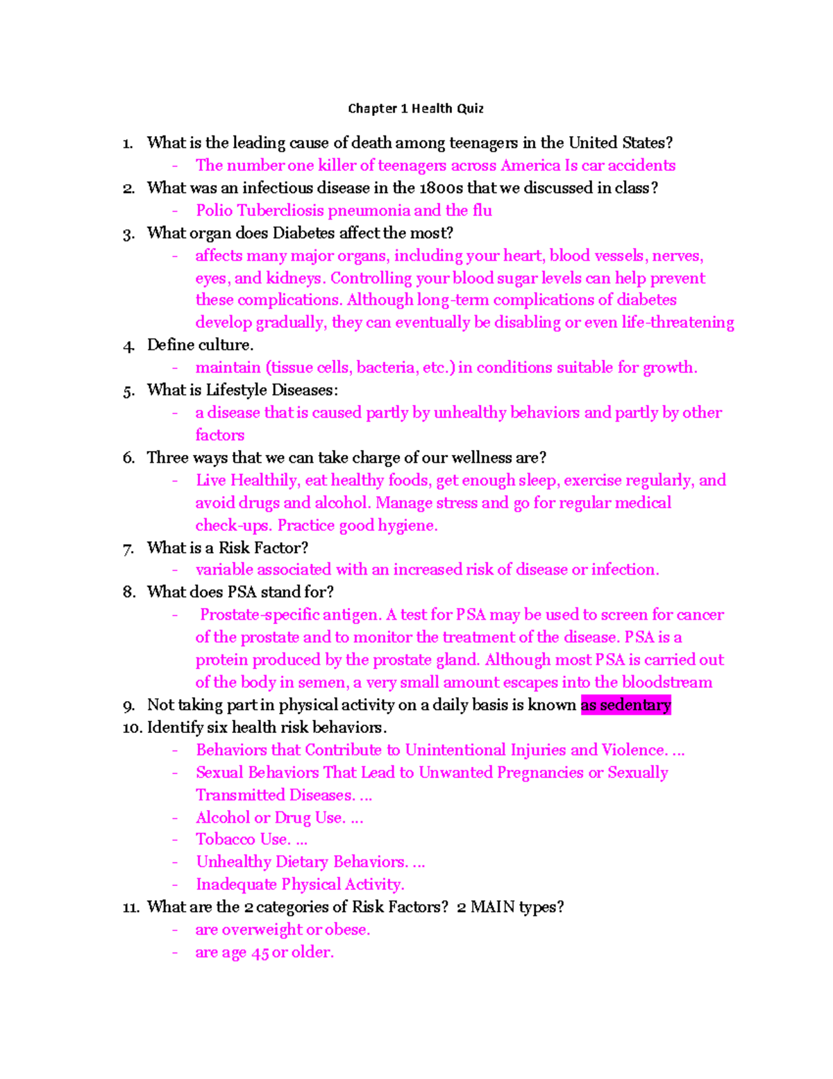 Chapter 1 Quiz Notes - Hailey Adams - Chapter 1 Health Quiz What is the ...