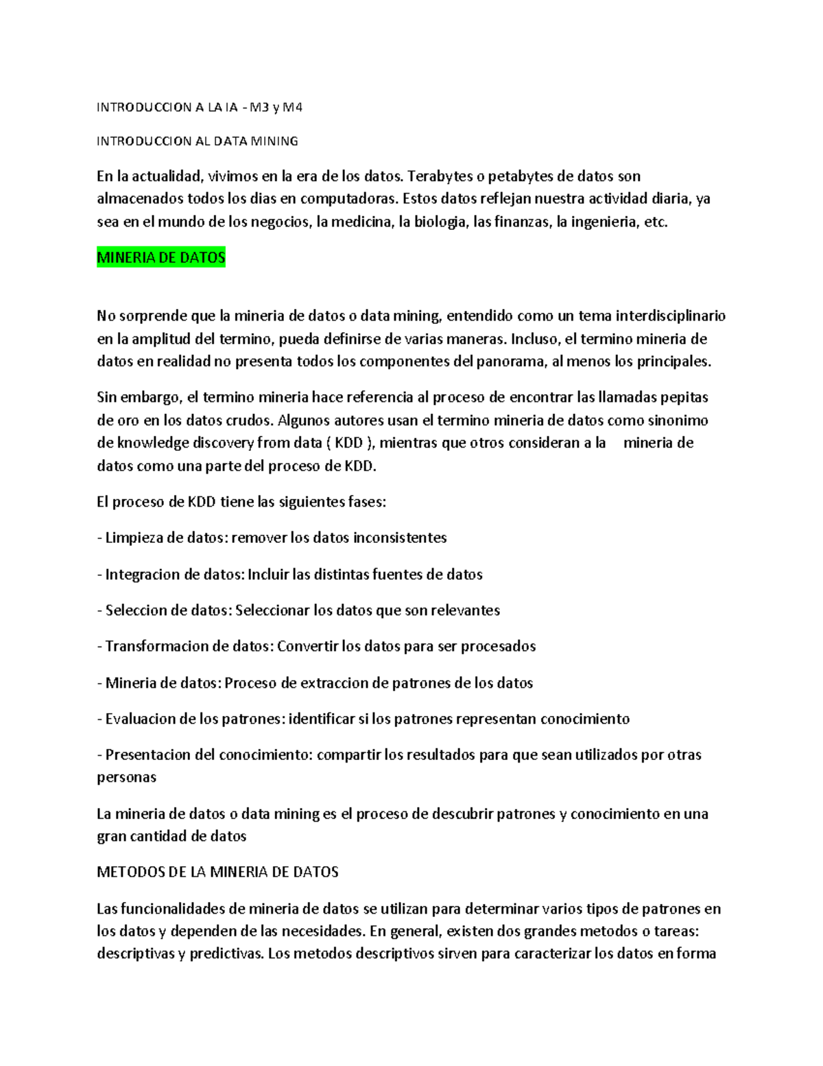 Introduccion A LA IA M3 Y M4 - INTRODUCCION A LA IA - M3 y M INTRODUCCION AL DATA MINING En la ...
