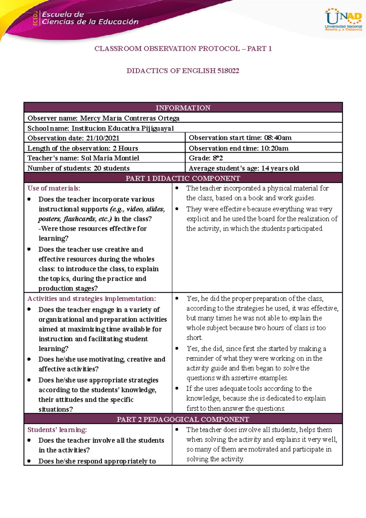 Classroom Observation Protocol 8º2 sept 21 - CLASSROOM OBSERVATION ...