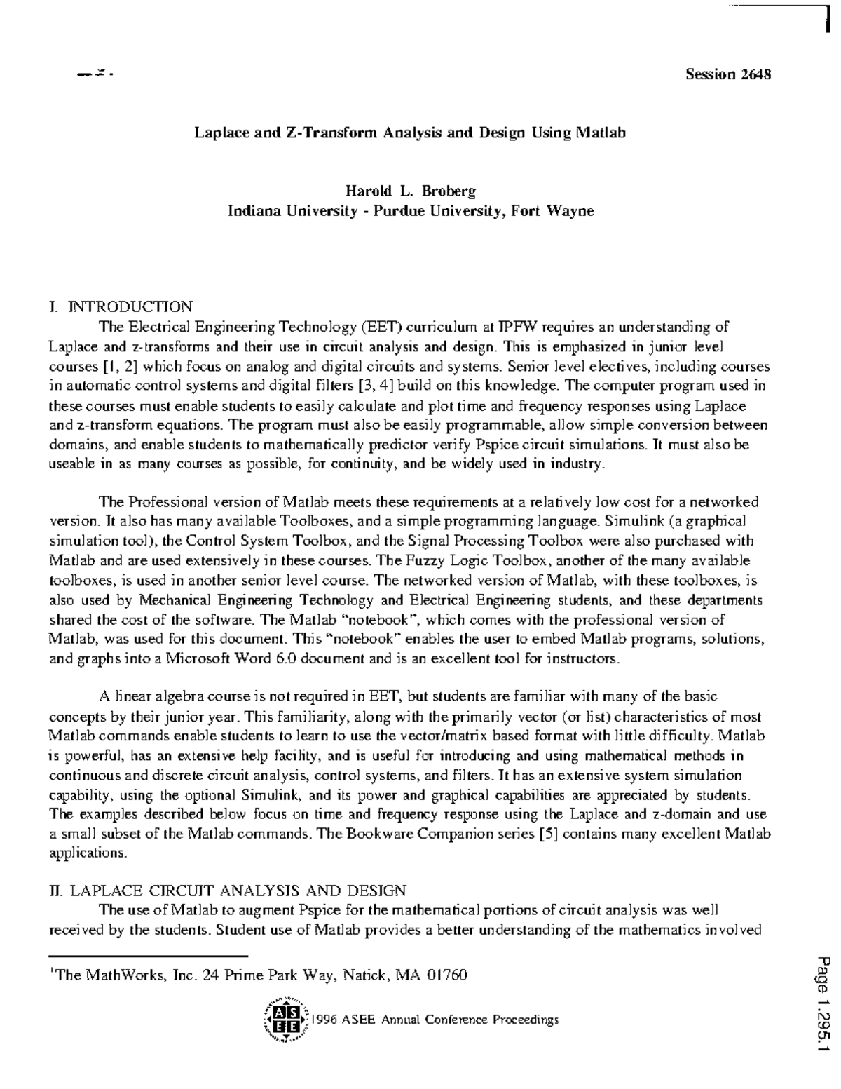 Laplace and z transform analysis and design using matlab - ‘~ - Session 2648 Laplace and Z ...