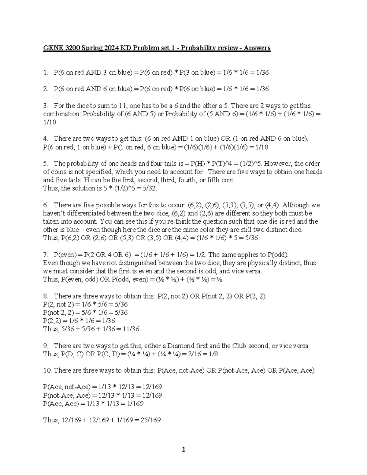 3200 Sp24 Problem Set 1 Answers - 1 GENE 3200 Spring 20 24 KD Problem set 1 - Probability review ...