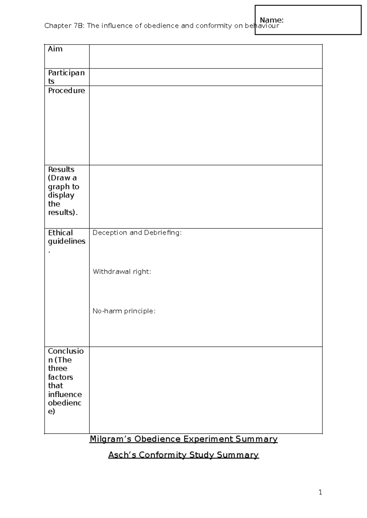 Psych Unit 2 AOS 1 obedience and conformity worksheets - Name: Chapter ...