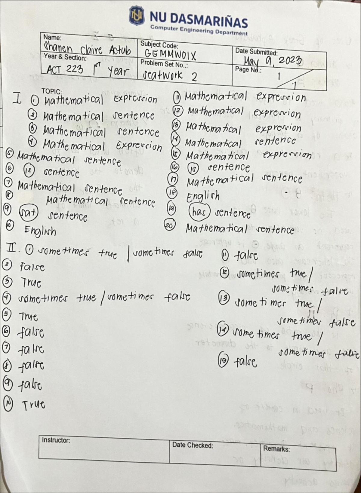Seatwork 2 - MMW - Mathematics in the modern world - Studocu