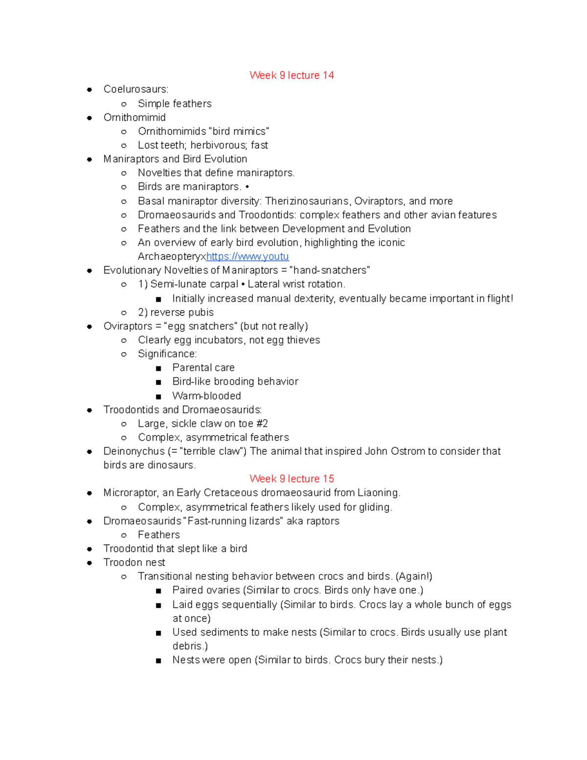 Dinosaurs notes week 9 - Week 9 lecture 14 Coelurosaurs: Simple ...