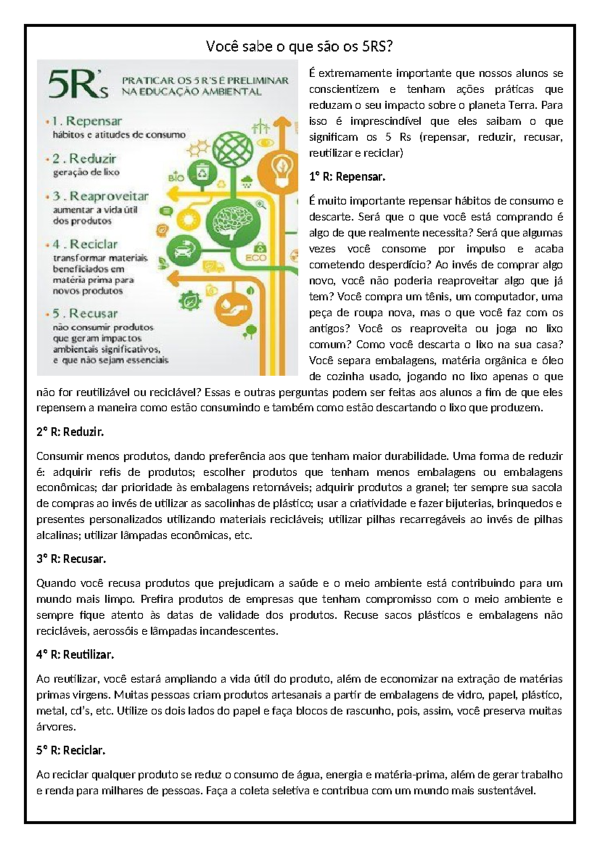Reciclagem - ATIVIDADES DE FIXAÇÃO - Você sabe o que são os 5RS? É ...