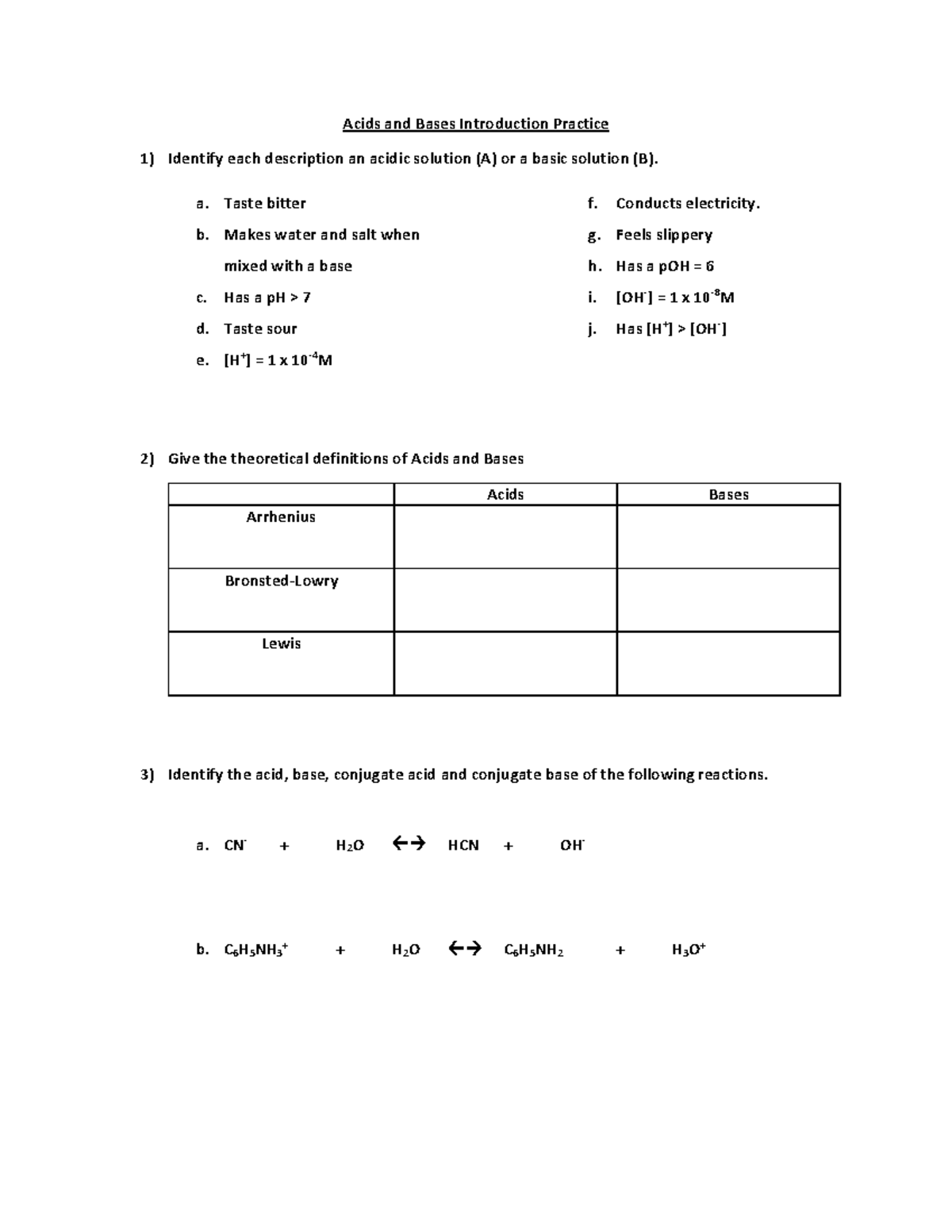 Acid Base Introduction Practice - Acids and Bases Introduction Practice ...