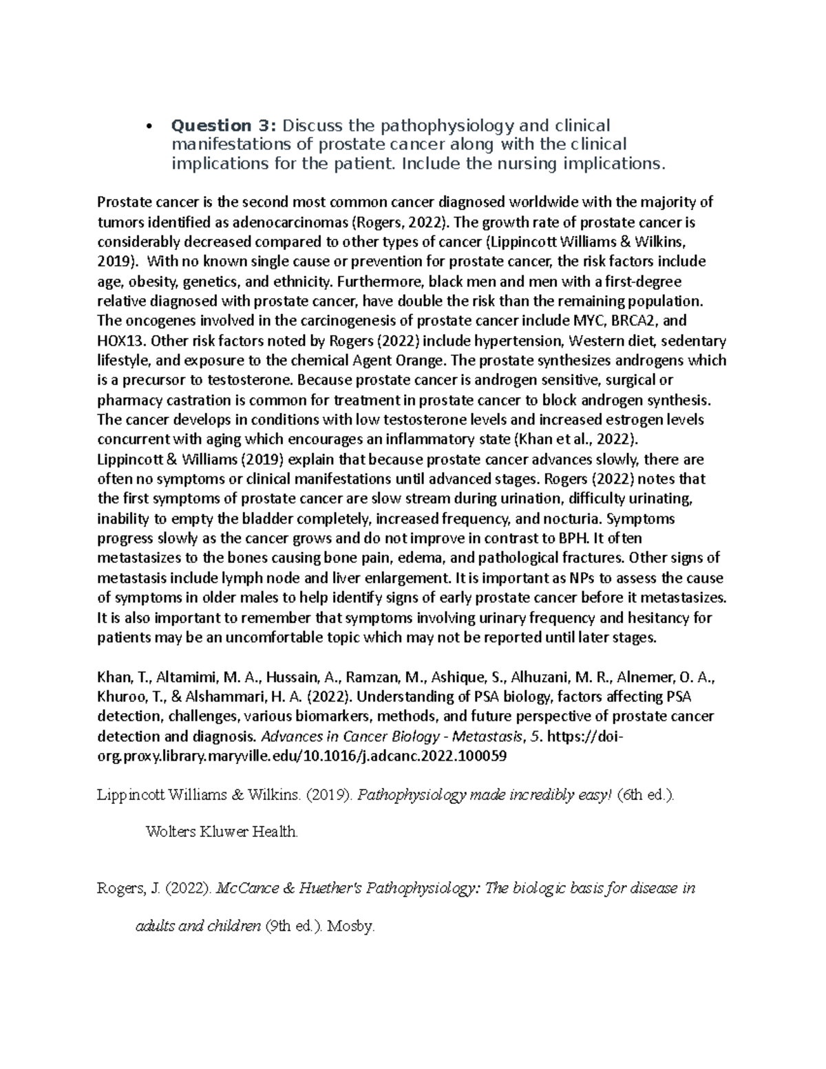 Discussion male repro-prostate cancer - Question 3: Discuss the ...