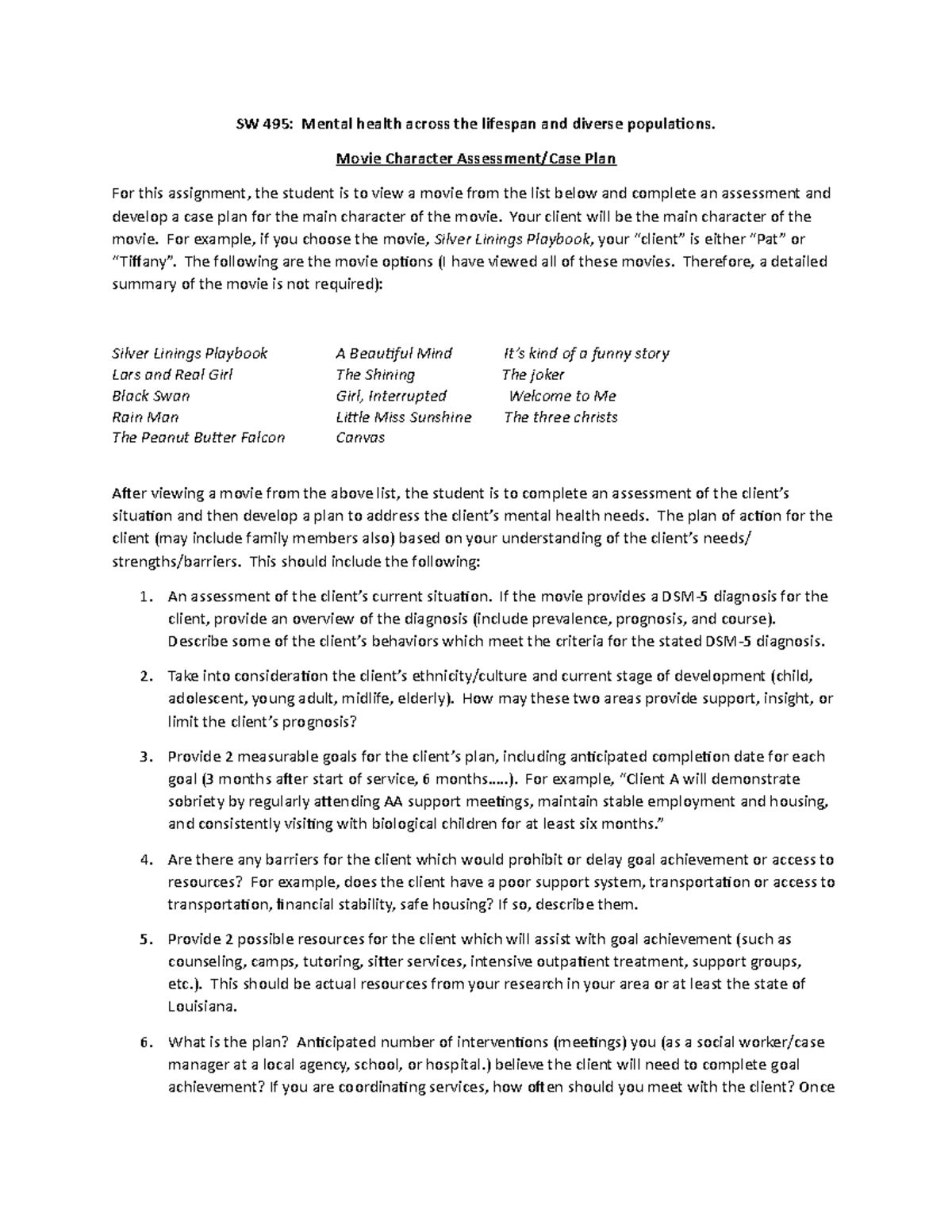 SW 425 Movie Character Analysis Assignment - SW 495: Mental health ...