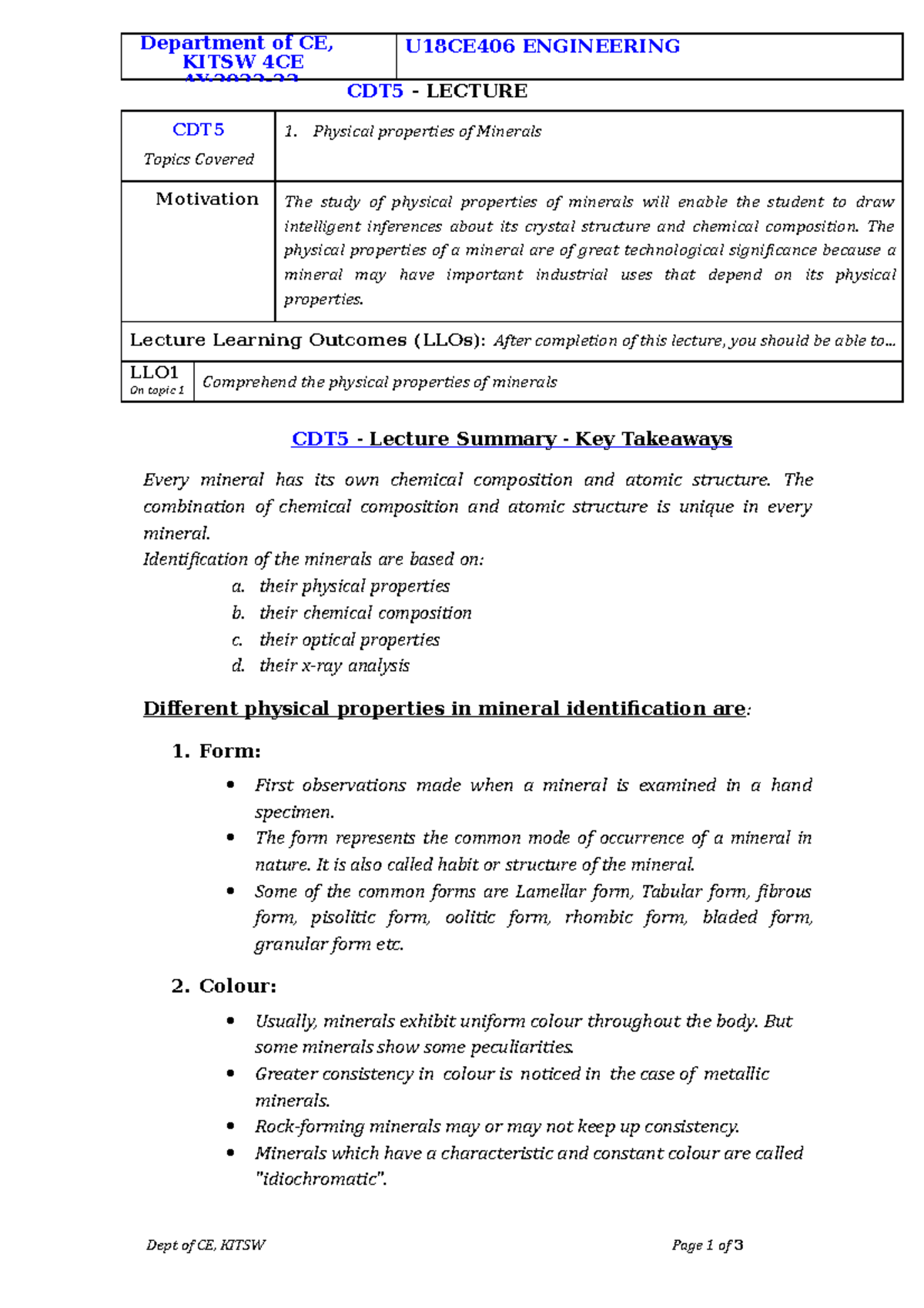 EG 5 - Geology notes for engineering - CDT Topics Covered Physical ...
