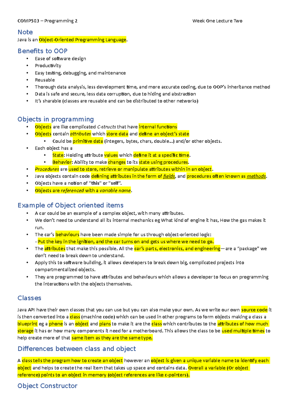 Programming Two Lecture Two - COMP503 – Programming 2 Week One Lecture Two Note Java is an - Studocu