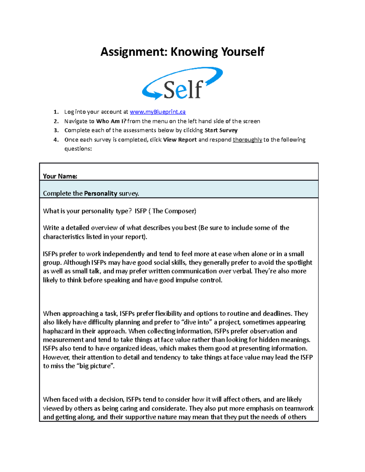 Knowing Yourself Assignment Template - Assignment: Knowing Yourself 1 ...